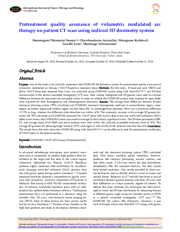 (PDF) Pretreatment quality assurance of volumetric modulated arc therapy on patient CT scan ...