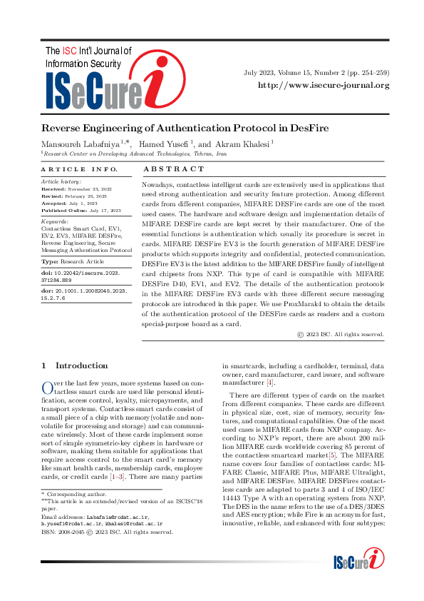 (PDF) Reverse Engineering of Authentication Protocol in DesFire