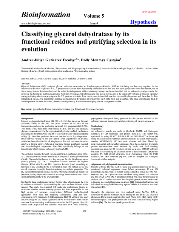 (PDF) Classifying glycerol dehydratase by its functional residues and purifying selection in its ...