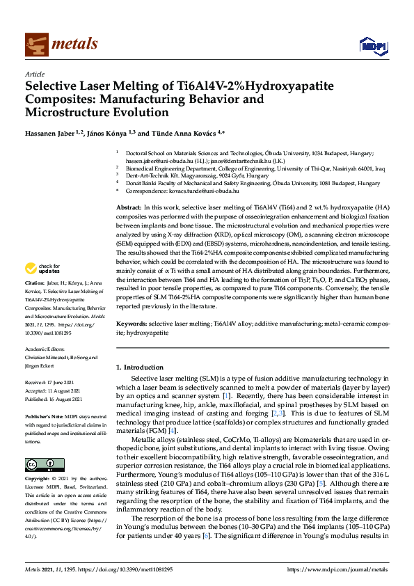 (PDF) Selective Laser Melting of Ti6Al4V-2%Hydroxyapatite Composites ...