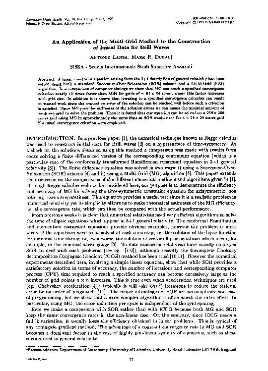 (PDF) An application of the Multi-Grid method to the construction of initial data for Brill Waves