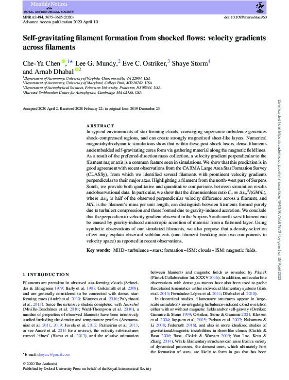 (PDF) Self-gravitating filament formation from shocked flows: velocity gradients across ...