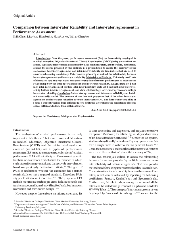 (PDF) Comparison between Inter-rater Reliability and Inter-rater Agreement in Performance Assessment