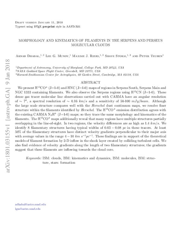 (PDF) Morphology and Kinematics of Filaments in the Serpens and Perseus ...