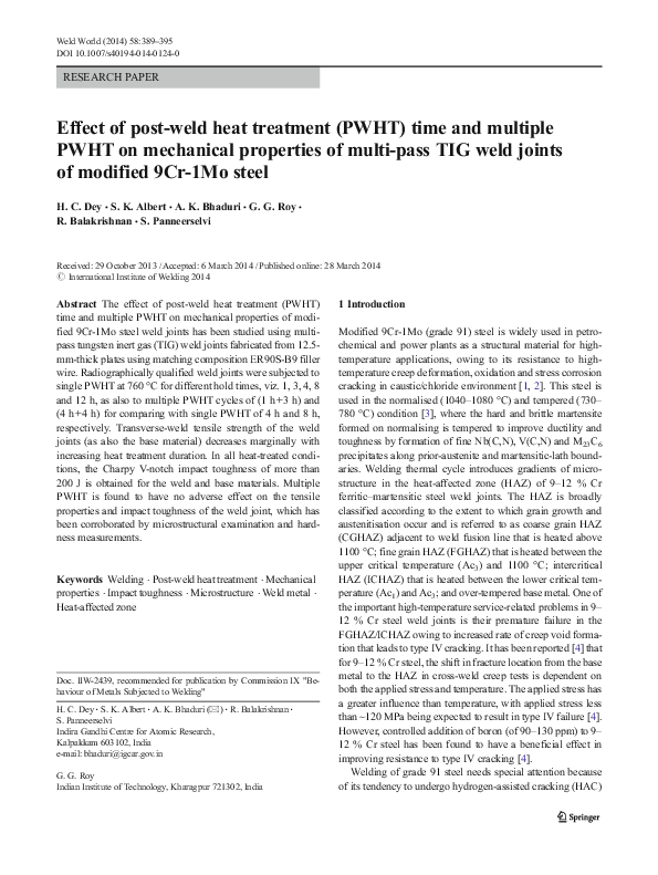 (PDF) Effect of post-weld heat treatment (PWHT) time and multiple PWHT ...