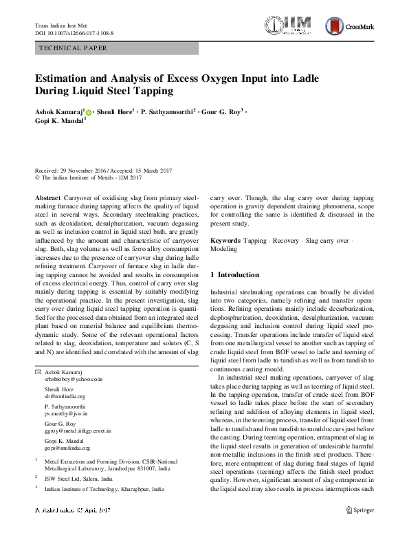 (PDF) Estimation and Analysis of Excess Oxygen Input into Ladle During ...