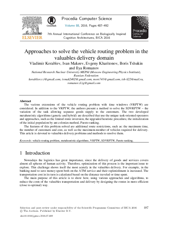 (PDF) Approaches to Solve the Vehicle Routing Problem in the Valuables Delivery Domain