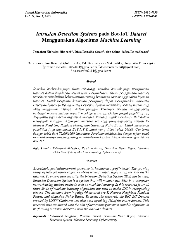 (PDF) Intrusion Detection Systems pada Bot-IoT Dataset Menggunakan Algoritma Machine Learning