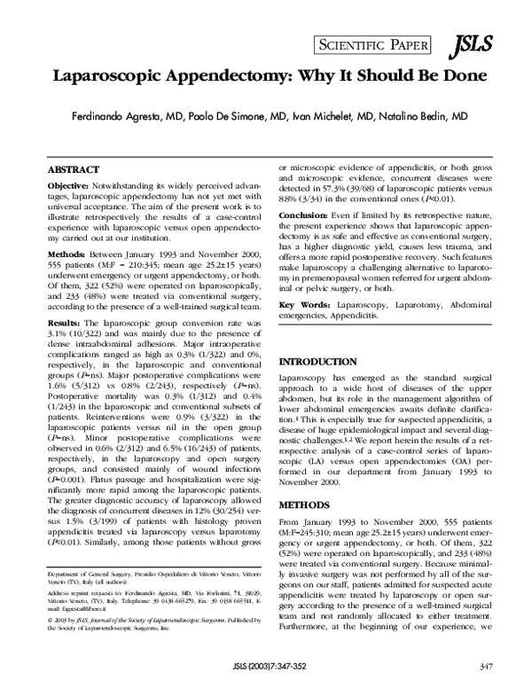 (PDF) Laparoscopic appendectomy: why it should be done | Paolo De ...