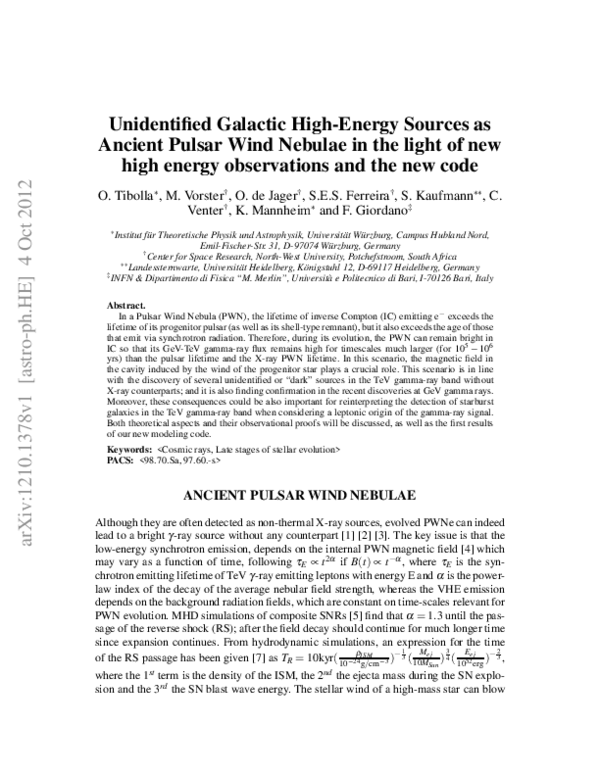 (PDF) Unidentified galactic high-energy sources as ancient pulsar wind ...