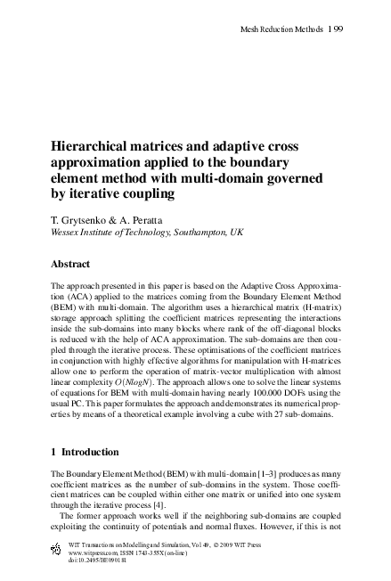 Pdf Hierarchical Matrices And Adaptive Cross Approximation Applied To