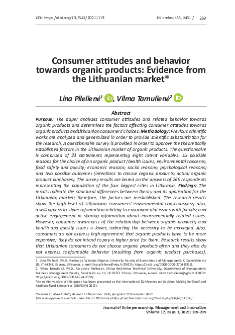 (PDF) Consumer attitudes and behavior towards organic products: Evidence from the Lithuanian market