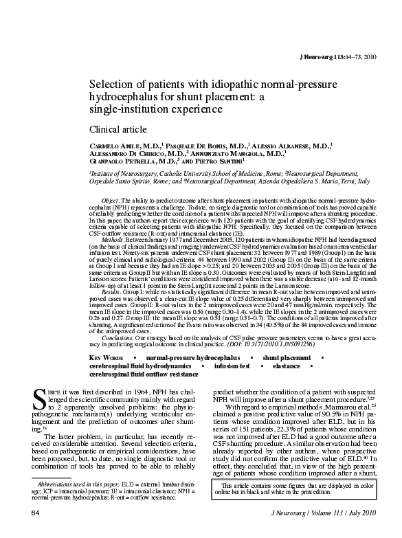 (PDF) Selection of patients with idiopathic normal-pressure hydrocephalus for shunt placement: a ...