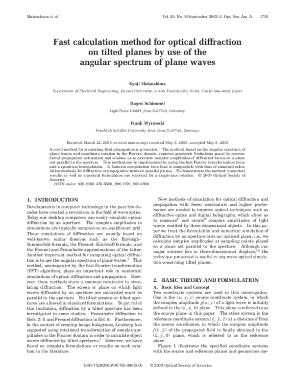 Pdf Fast Calculation Method For Optical Diffraction On Tilted Planes By Use Of The Angular