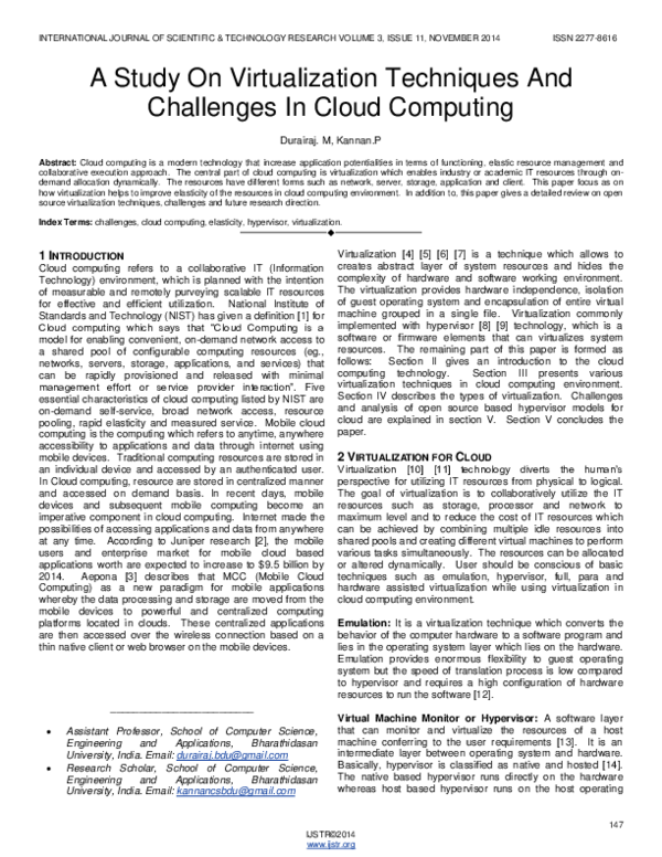 (PDF) A Study On Virtualization Techniques And Challenges In Cloud Computing
