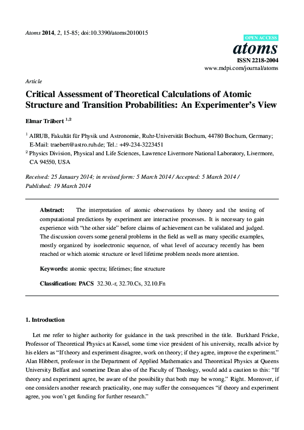(PDF) Critical Assessment of Theoretical Calculations of Atomic ...