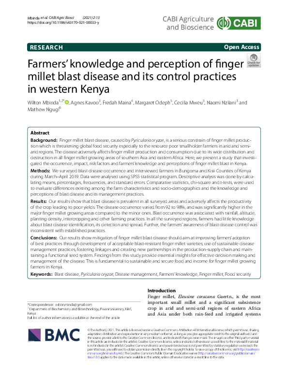 (PDF) Farmers’ knowledge and perception of finger millet blast disease and its control practices ...