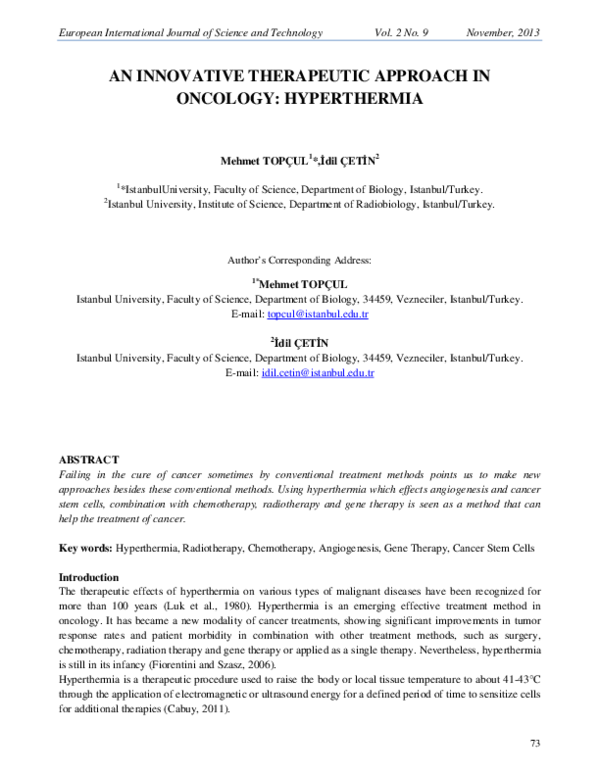 (PDF) An Innovative Therapeutic Approach in Oncology: Hyperthermia (PDF) An Innovative Therapeutic Approach in Oncology: Hyperthermia
