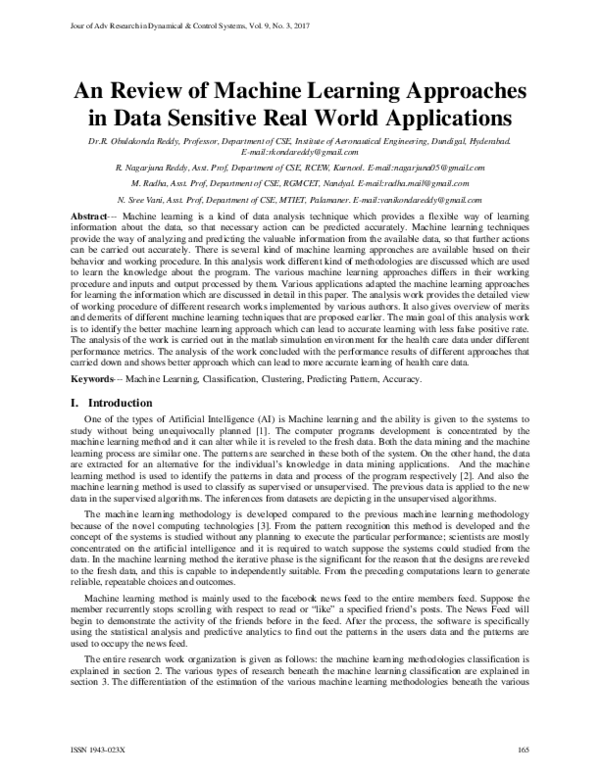 (PDF) An Review of Machine Learning Approaches in Data Sensitive Real ...