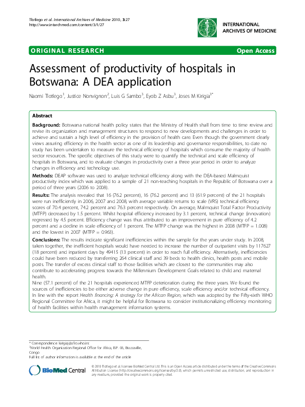 (PDF) Assessment of productivity of hospitals in Botswana: a DEA ...