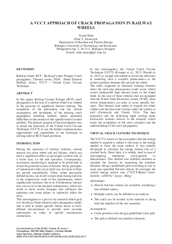 (PDF) A VCCT Approach Of Crack Propagation In Railway Wheels