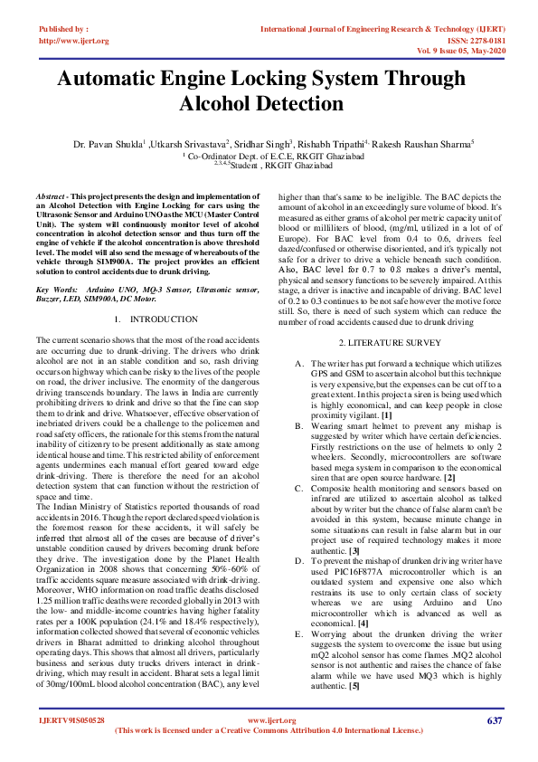 Pdf Automatic Engine Locking System Through Alcohol Detection