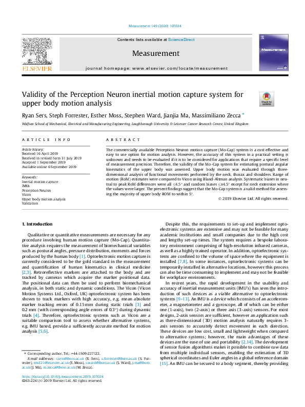 (PDF) Validity of the Perception Neuron inertial motion capture system for upper body motion ...