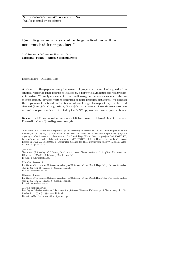 (PDF) Rounding error analysis of orthogonalization with a non-standard inner product⋆