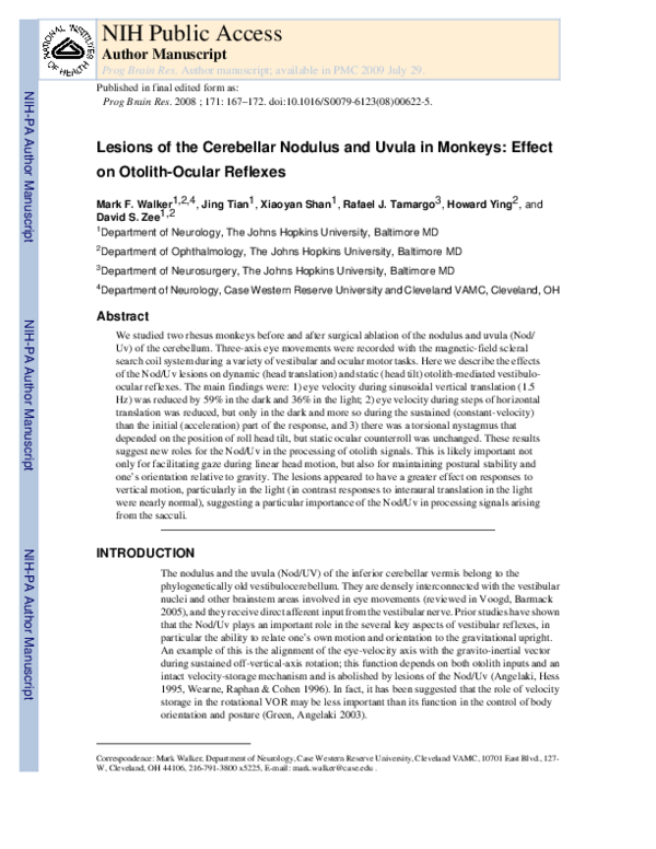 (PDF) Lesions of the cerebellar nodulus and uvula in monkeys: effect on ...