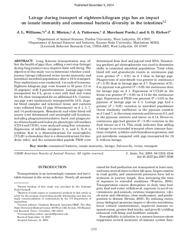 (PDF) Lairage during transport of eighteen-kilogram pigs has an impact ...