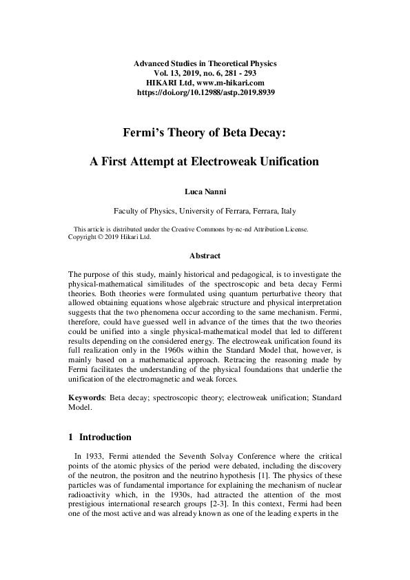 (PDF) Fermi’s theory of beta decay: a first attempt at electroweak ...
