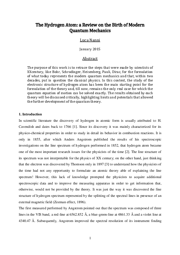 (PDF) Hydrogen Atom and the Rise of Quantum Mechanics
