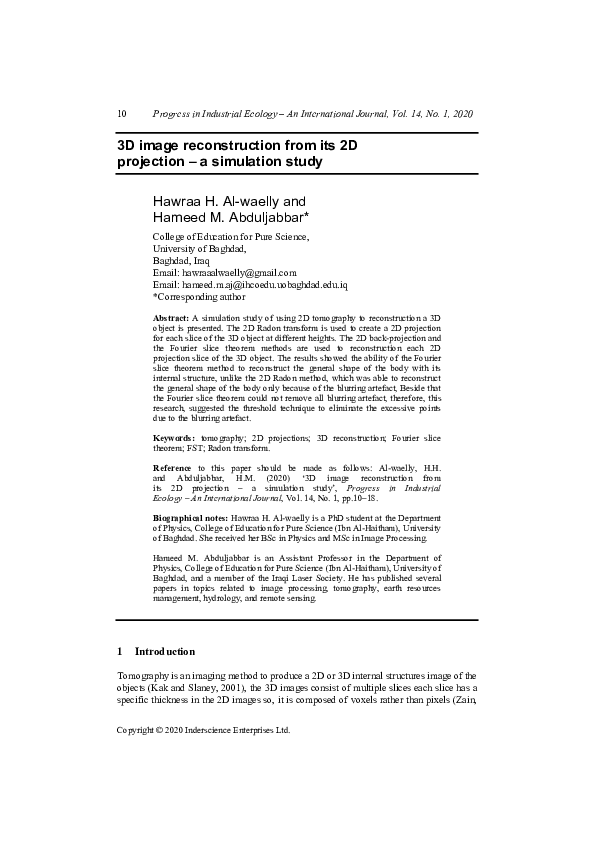 (PDF) 3D image reconstruction from its 2D projection - a simulation study