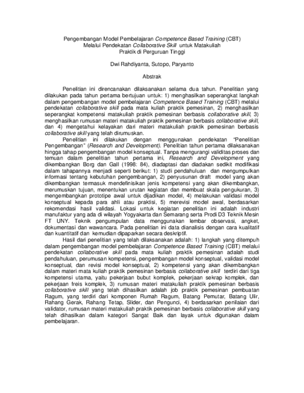 (PDF) Pengembangan Model Pembelajaran Competence Based Training (CBT) Melalui Pendekatan ...