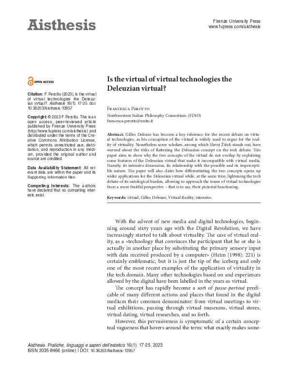 (PDF) Is the virtual of virtual technologies the Deleuzian virtual?