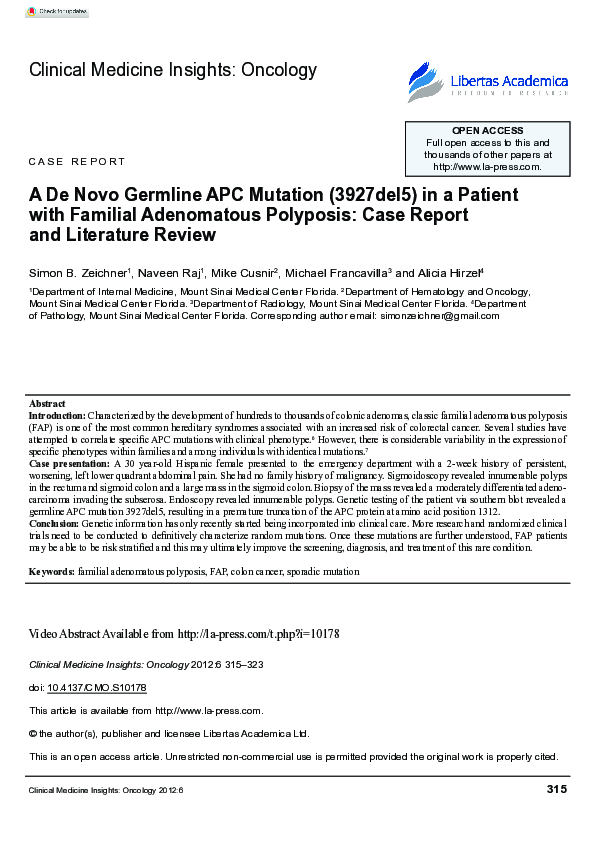 (PDF) A De Novo Germline APC Mutation (3927del5) in a Patient with Familial Adenomatous ...