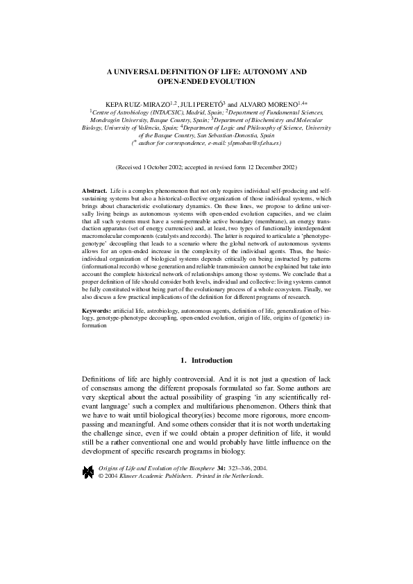 (PDF) A Universal Definition of Life: Autonomy and Open-Ended Evolution
