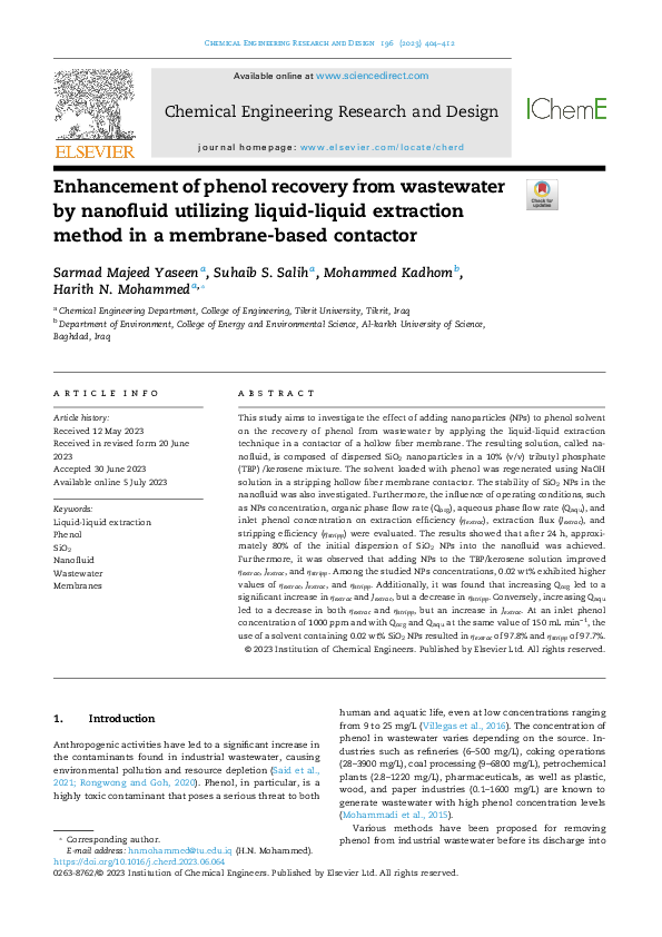 (PDF) Enhancement of phenol recovery from wastewater by nanofluid ...