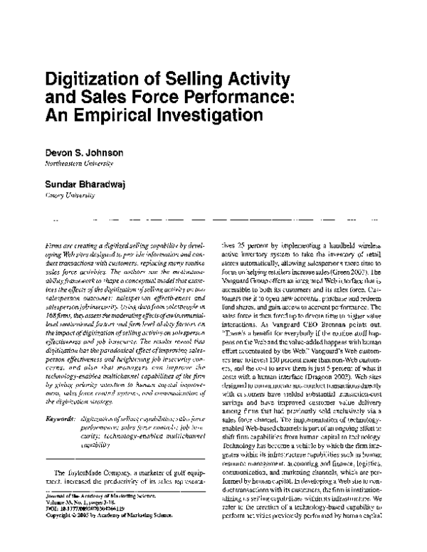 (PDF) Digitization of Selling Activity and Sales Force Performance: An ...