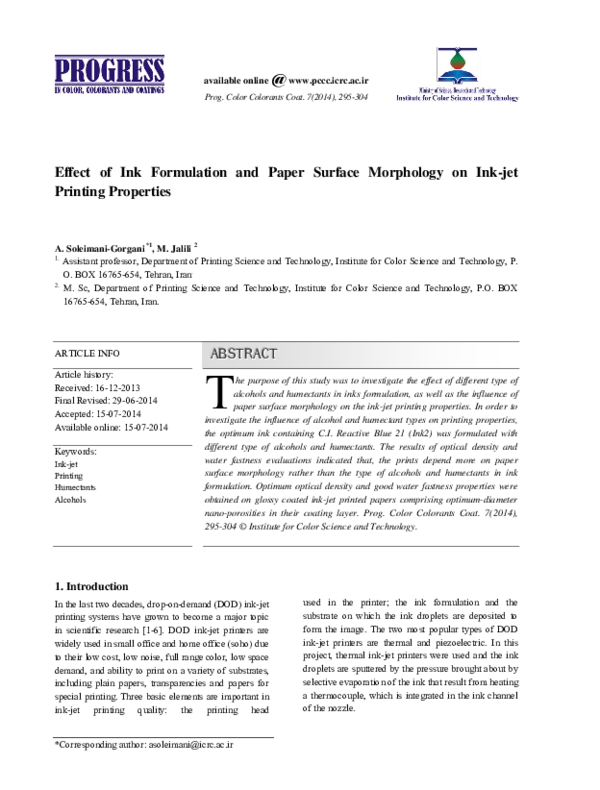 (PDF) Effect of Ink Formulation and Paper Surface Morphology on Ink-jet ...