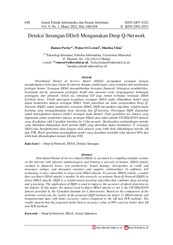 (PDF) Beberapa tahun terakhir serangan Distributed Denial-of-Service (DDoS) telah menyebabkan ...