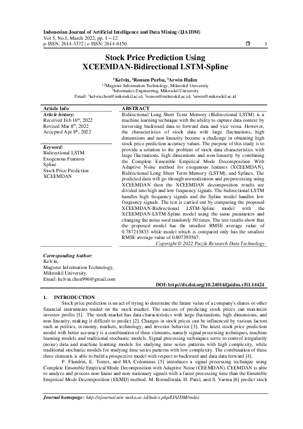 (PDF) Stock Price Prediction Using XCEEMDAN-Bidirectional LSTM -Spline