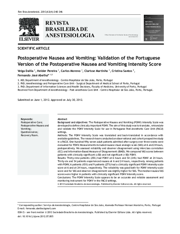 (PDF) Postoperative nausea and vomiting: Validation of the Portuguese ...