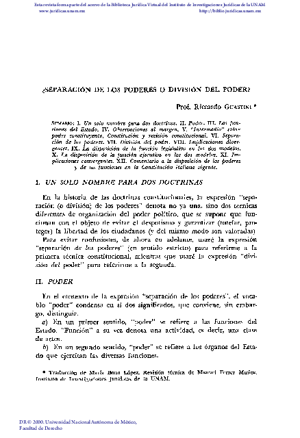 (PDF) Separación de los poderes o división del poder