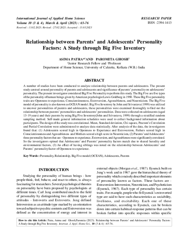 (PDF) Relationship between Parents' and Adolescents' Personality Factors: A Study through Big ...