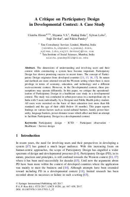 (PDF) A Critique on Participatory Design in Developmental Context: A Case Study
