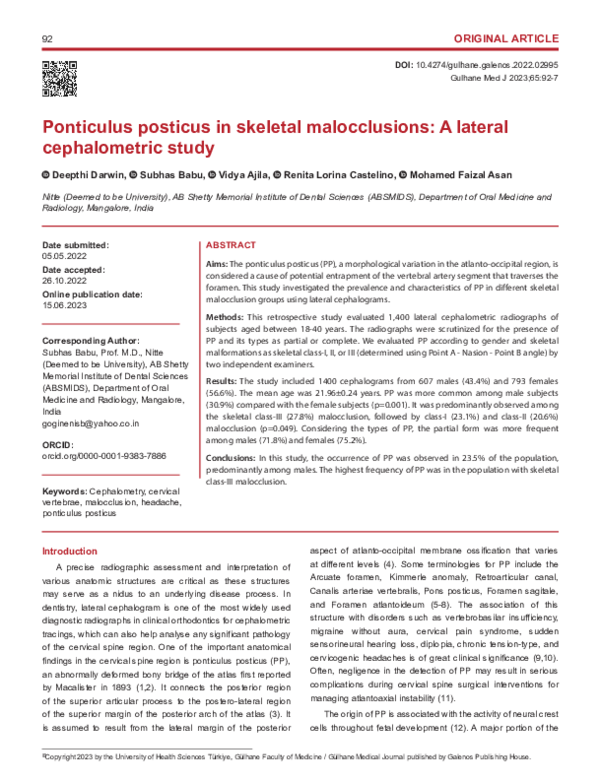 (PDF) Prevalence of Ponticulus Posticus in Skeletal Malocclusions