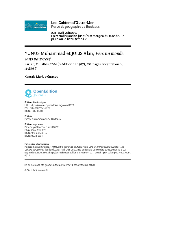 (PDF) YUNUS Muhammad et JOLIS Alan, Vers un monde sans pauvreté