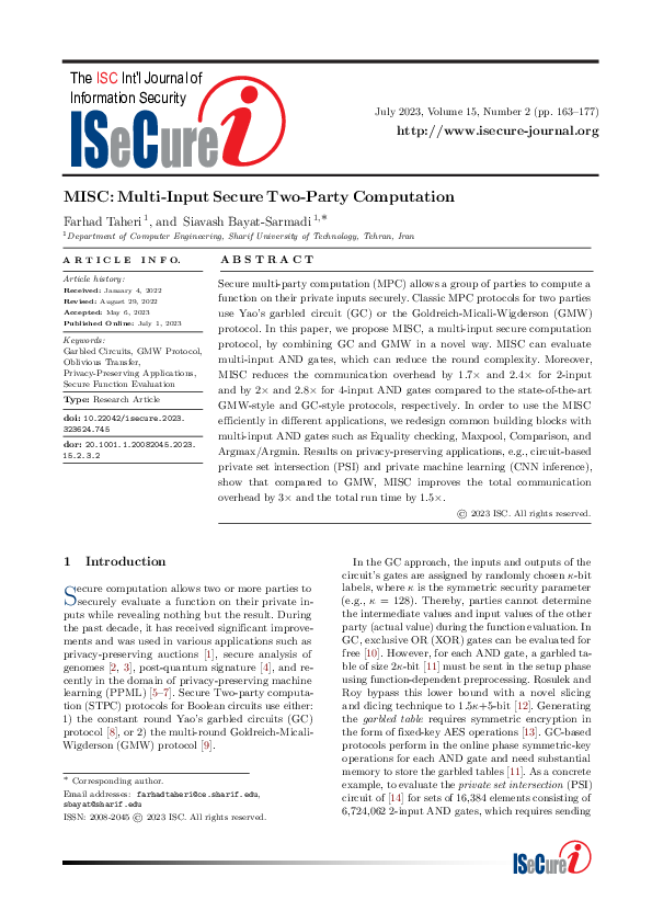 Pdf Misc Multi Input Secure Two Party Computation