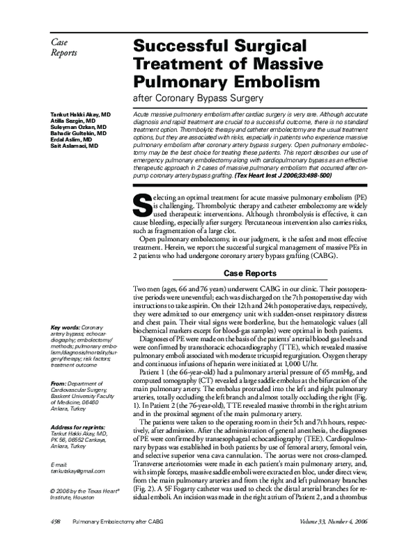 (PDF) Successful Surgical Treatment of Massive Pulmonary Embolism after ...